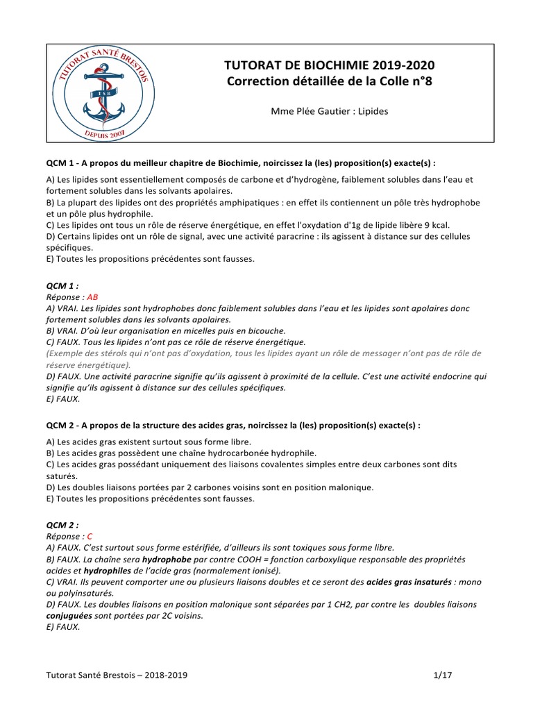 Colle 8 Biochimie Correction 2019 2020 | PDF | Lipide | Cholestérol