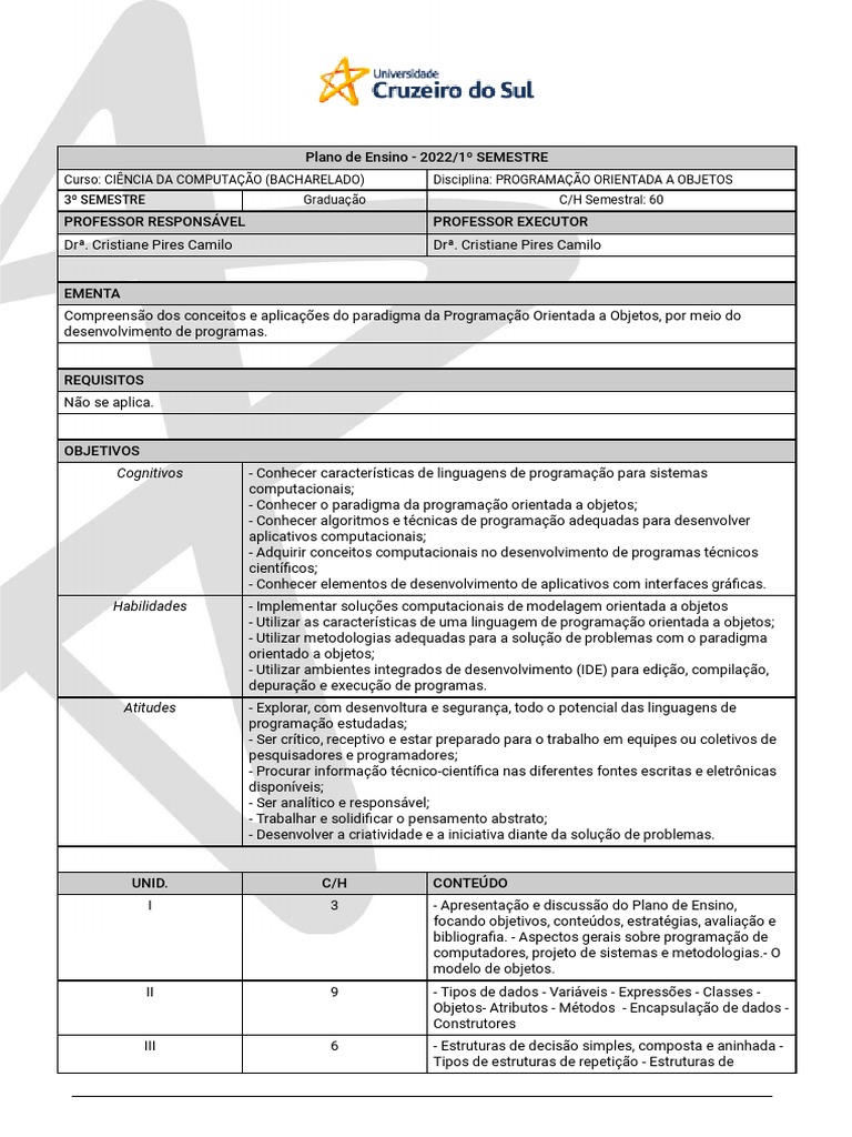 ProgramaÇÃo Orientada A Objetos Plano Download Grátis Pdf Classe Programação De