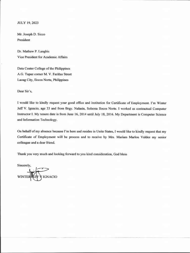 COE Request Letter | PDF