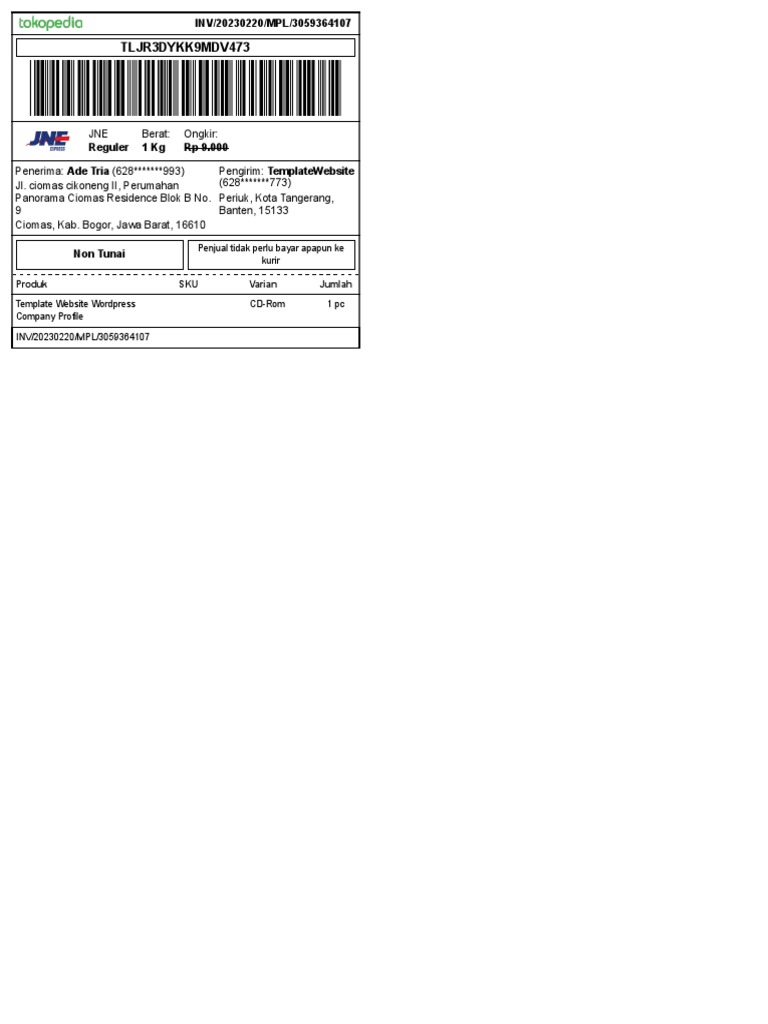 Label Pengiriman Tokopedia 1 Kg | PDF