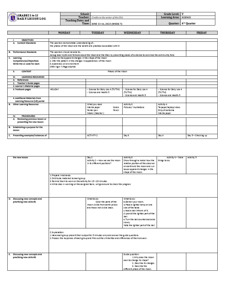 Grade 5 DLL SCIENCE 5 Q4 Week 7 | PDF | Learning | Human Communication