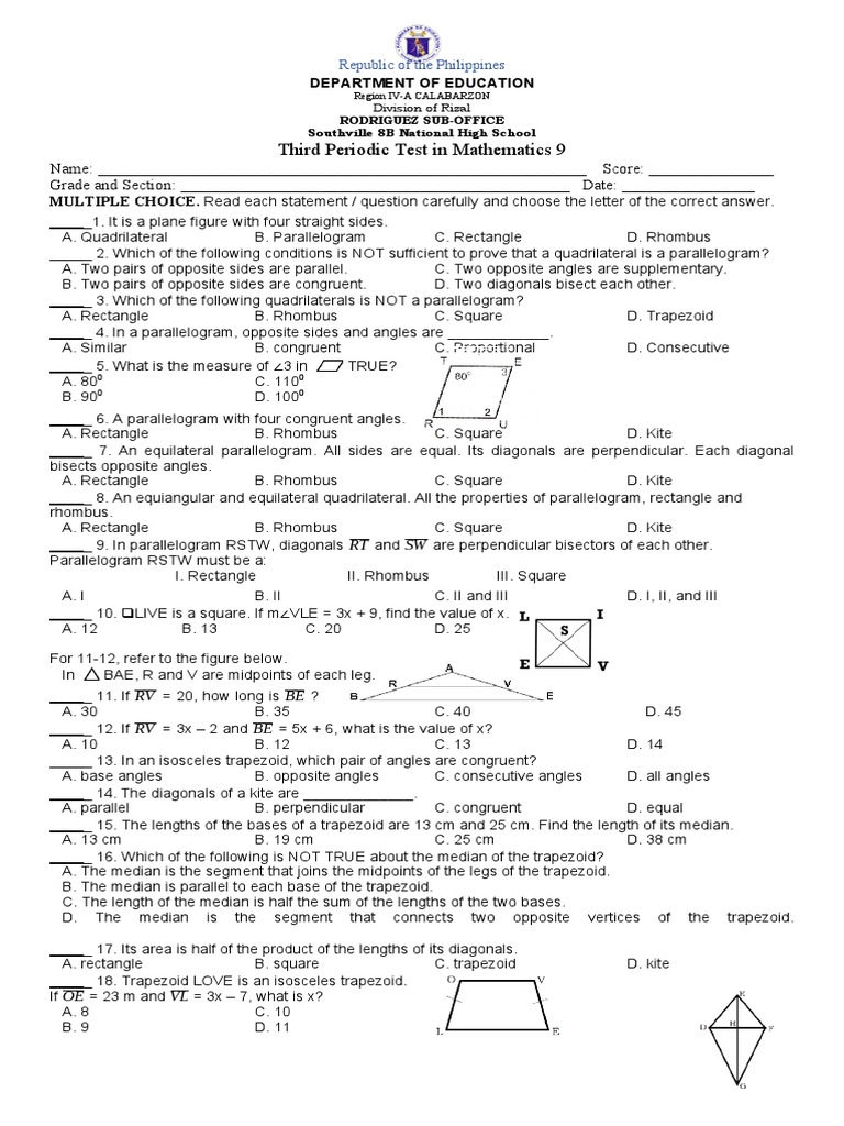 Third Periodical Test Math 9 Pdf Rectangle Triangle