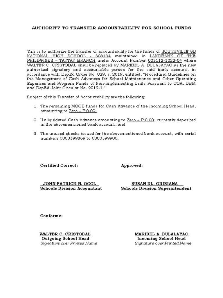 Authority To Transfer Accountability For School Funds | PDF