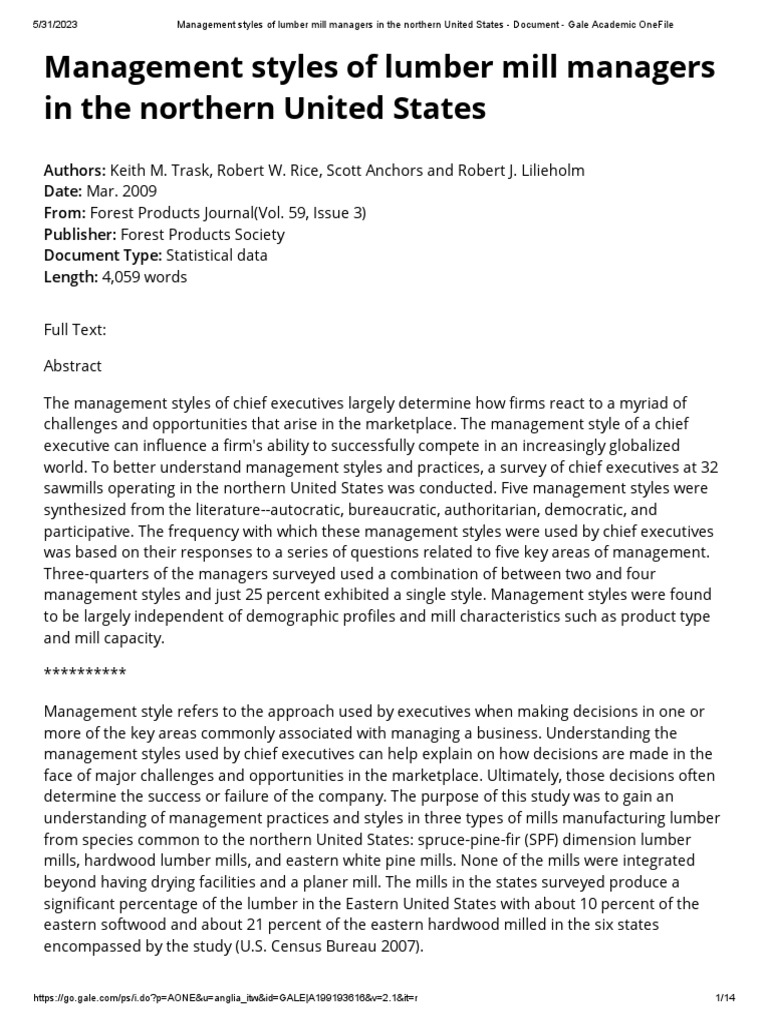 Management Styles of Lumber Mill Managers in The Northern United States ...