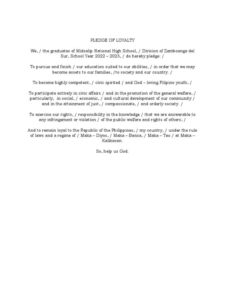 Grade 6 Loyalty Pledge 2023 | PDF | Wellness