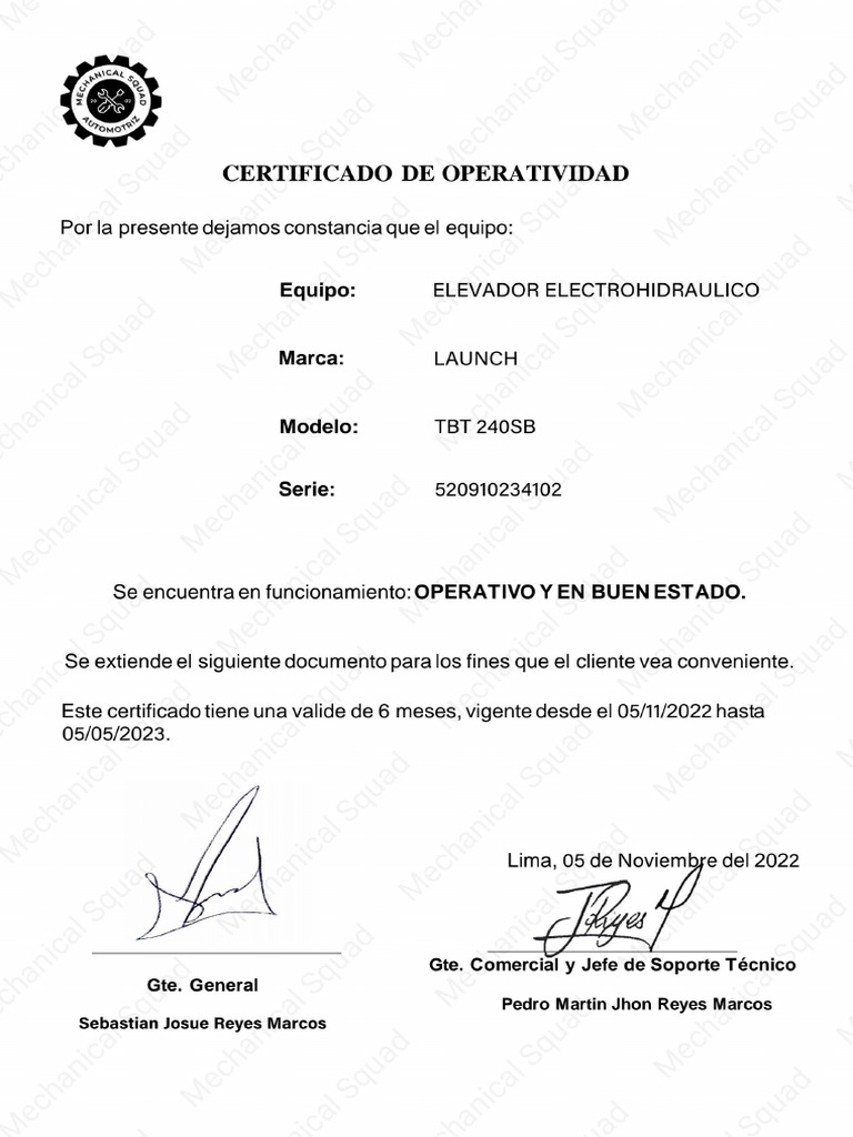 Certificado de Elevador Electrohidraulico Launch - 520910234102 | PDF