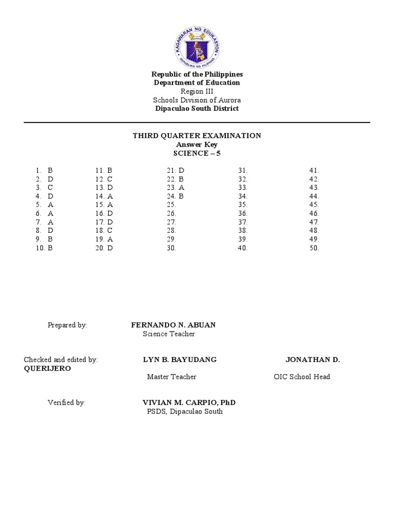 Third Quarter Science Exam Answer Key | PDF