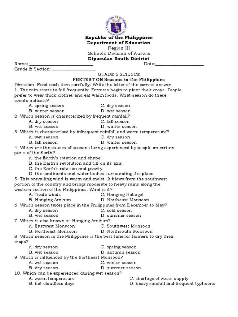 Grade 6 Pretest on Philippine Seasons | PDF | Wet Season | Rain