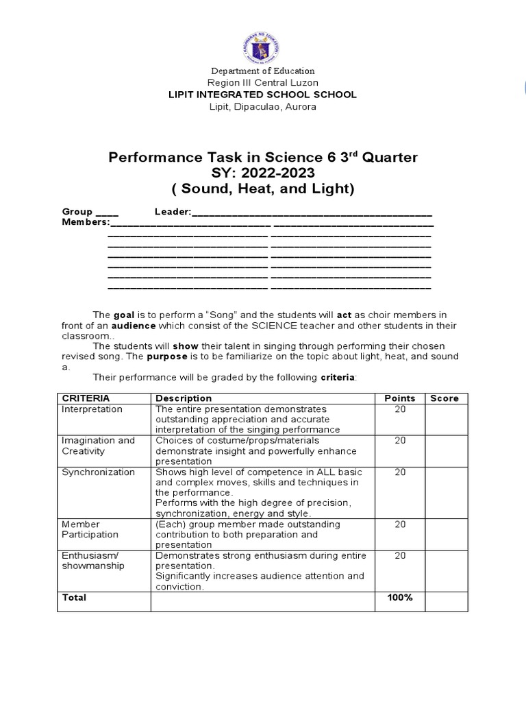 Science 6 Performance Task: Sound, Heat, Light | PDF | Learning | Cognition