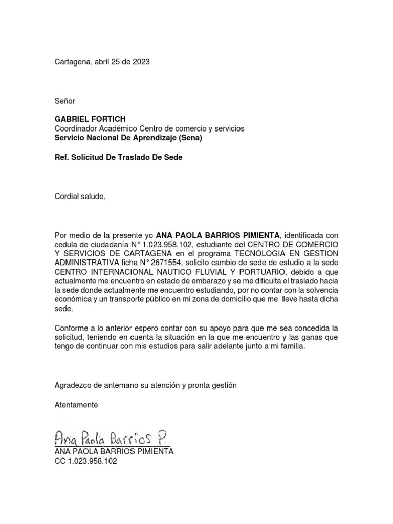 Carta Solicitud de Traslado | PDF | Crecimiento personal y profesional ...