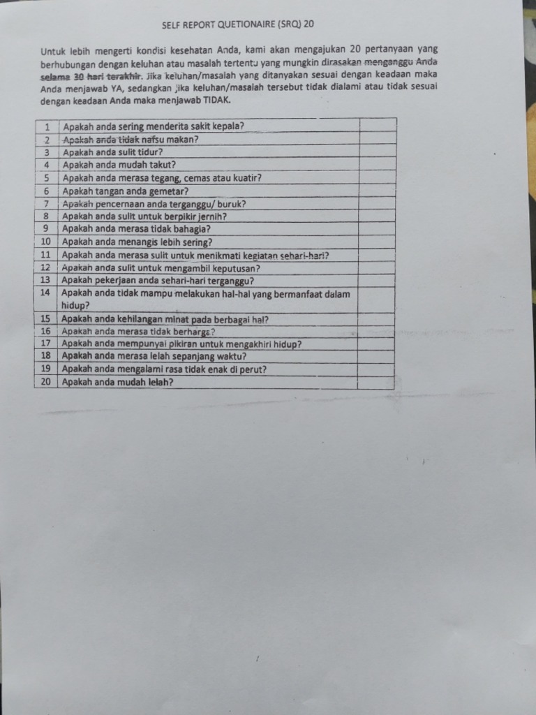 Form Screening SRQ 20 | PDF