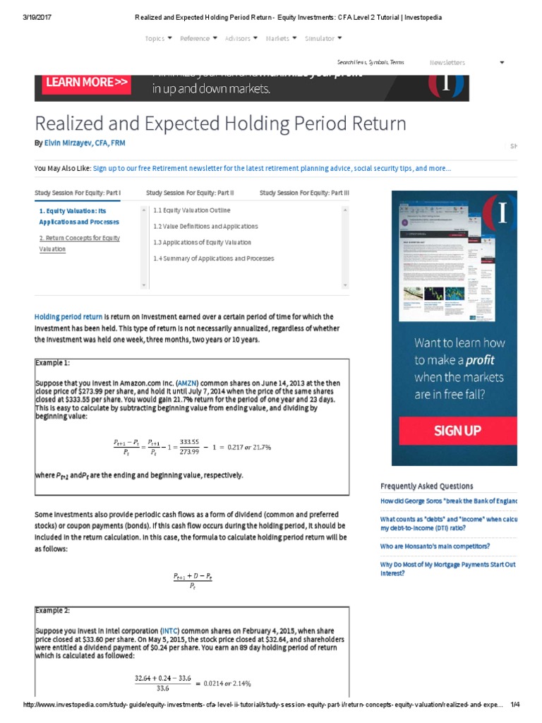 Realized and Expected Holding Period Return - Equity Investments - CFA ...