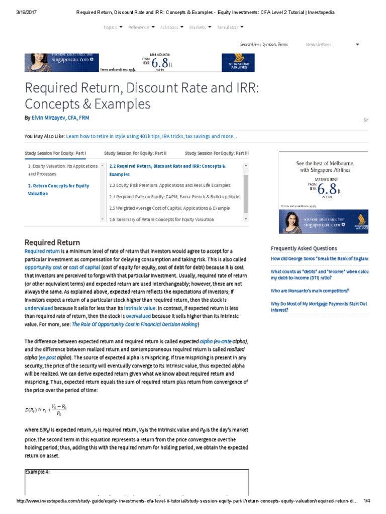 Required Return, Discount Rate and IRR - Concepts & Examples - Equity ...