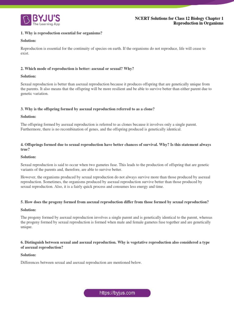 NCERT Solutions For Class 12 March 30 Biology Chapter 1 Reproduction in ...