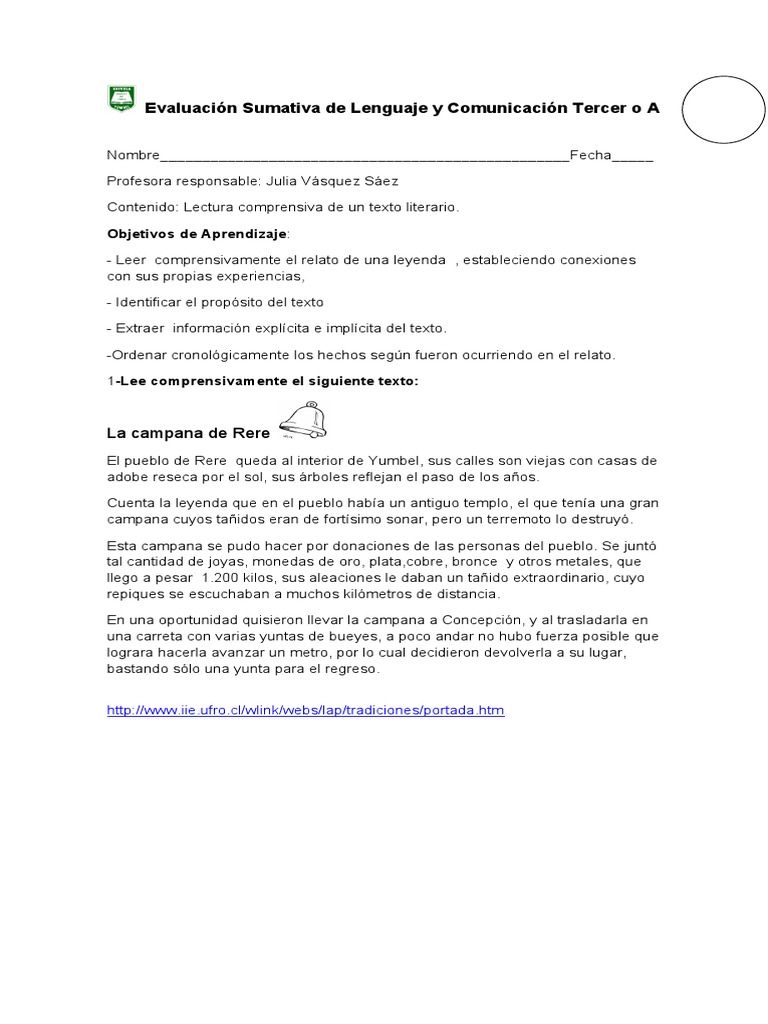 Guia de Aprendizaje de La Leyenda Las Campanas de Rere Julia Aplicar ...