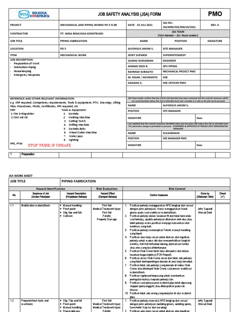 JSA Piping Fabrication | PDF | Hazards | Combustion JSA Piping Fabrication | PDF | Hazards | Combustion