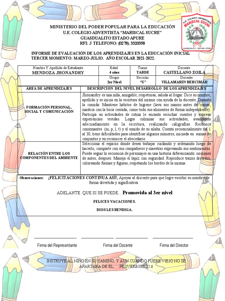 Boletines de Preeescolar 2021-2022 Tercer Lapso | PDF | Educación de la ...