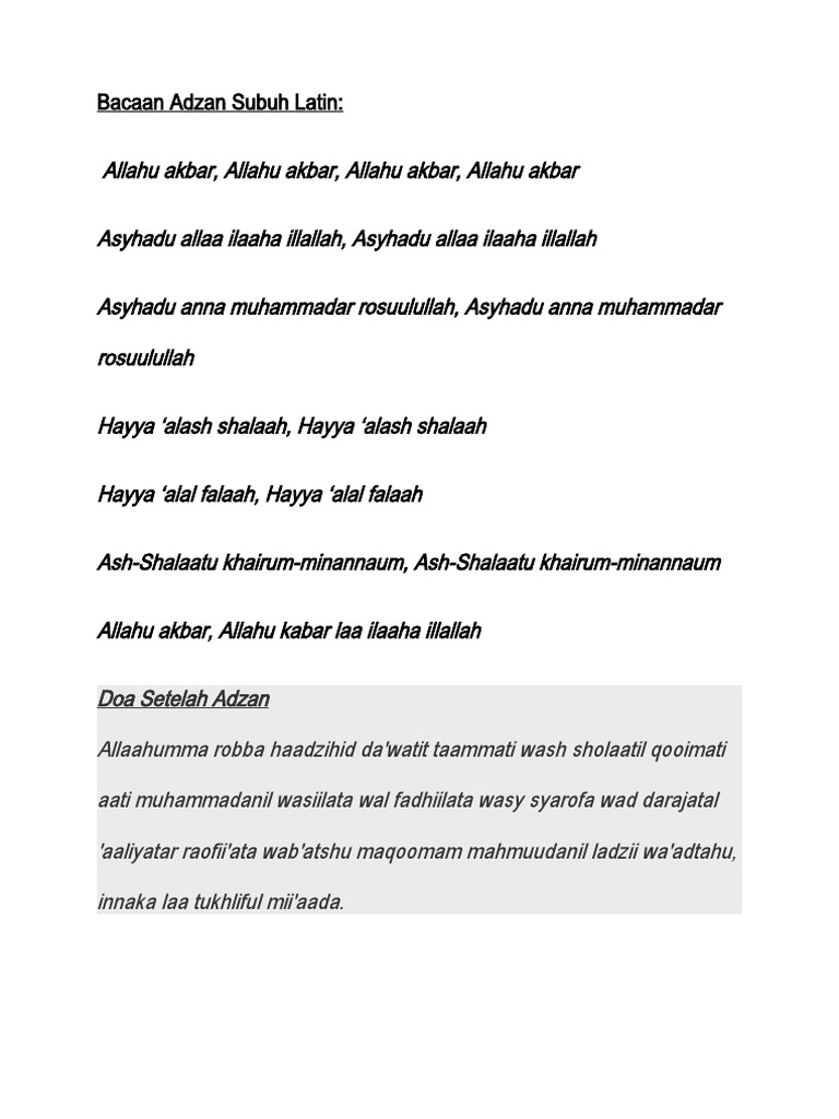 Bacaan Adzan Subuh Latin | PDF
