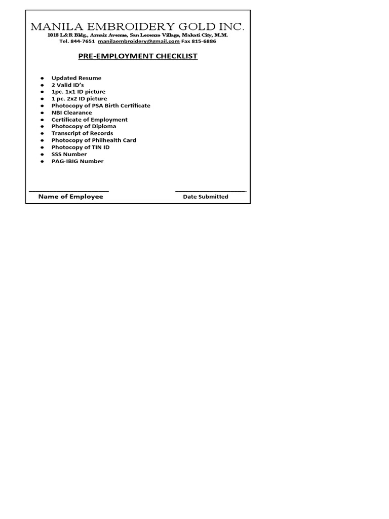 Pre Employment Checklist | PDF
