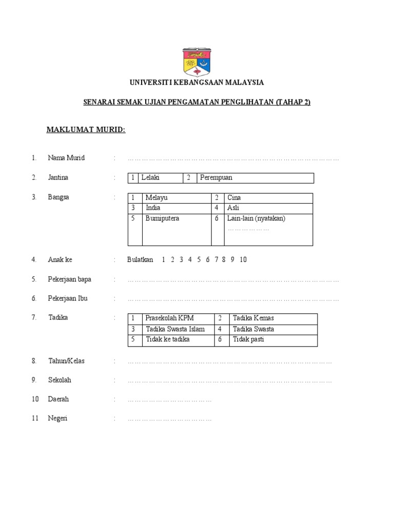 Senarai Semak & Isntrumen Ujian Pengamatan Penglihatan (Band 2) | PDF