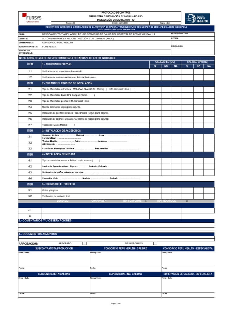 100013-FUR001-PLT-0001 PLANTILLA DE PROTOCOLO DE INSTALACION DE MUEBLES FIJOS Rev.1 | PDF ...