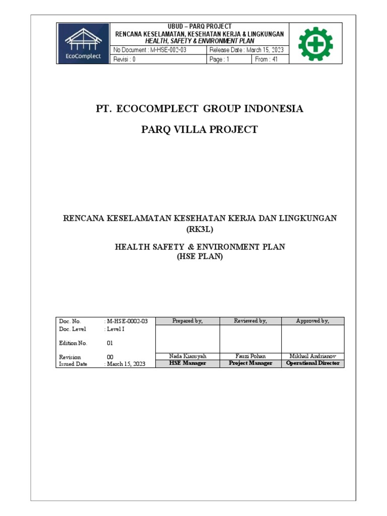 M-HSE-002-03 HSE Plan-Parq Villa Project-Ubud | Download Free PDF | Safety | Occupational Safety ...