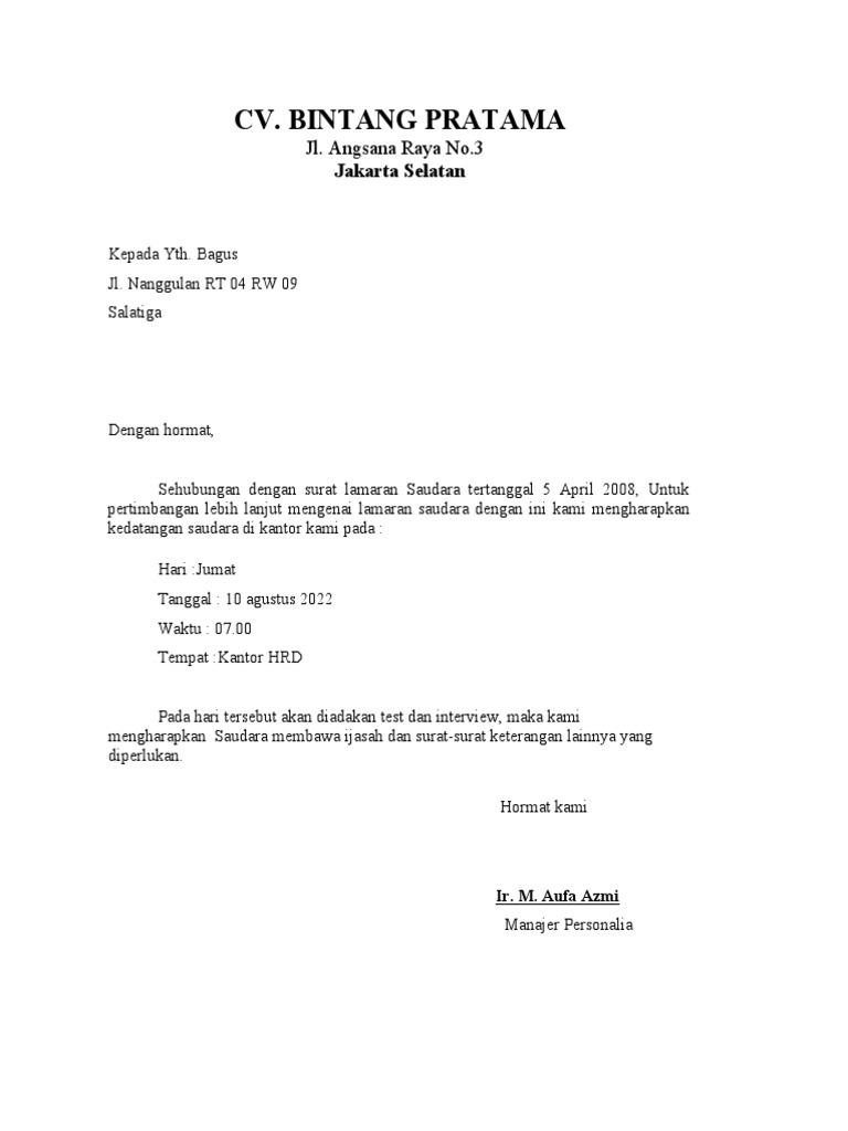 Undangan Interview CV Bintang | PDF