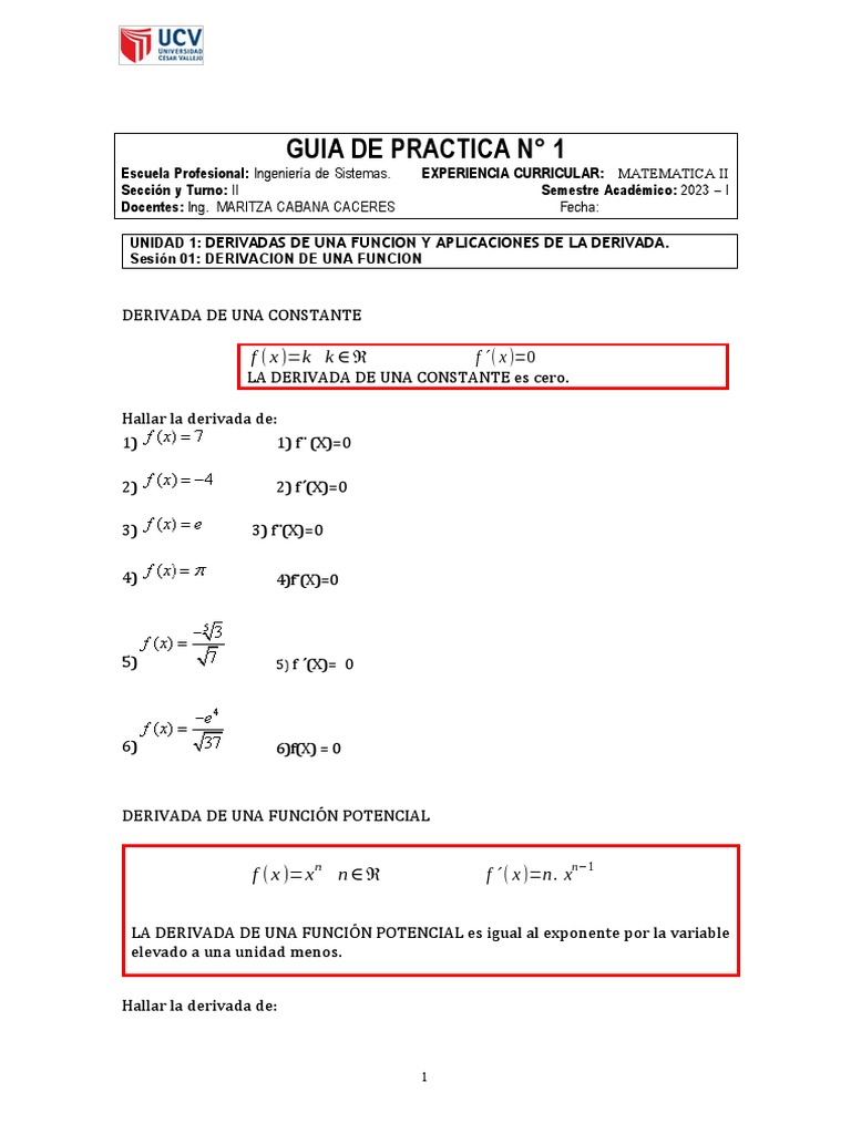 Guia Practica 01 - DERIVACION DE UNA FUNCION | PDF | Matemáticas | Análisis matemático