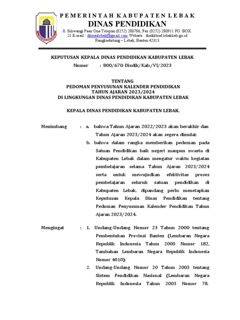 Pedoman Kalender Pendidikan 2023/2024 | PDF