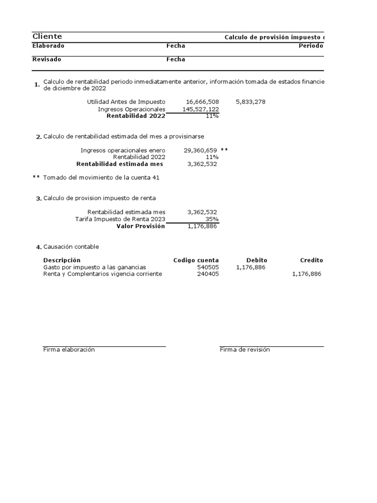 Formato Provision Impuesto De Renta Pdf