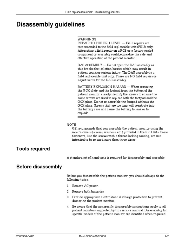 GE Dash3000 4000 5000 Disassembly | PDF | Electrostatic Discharge ...