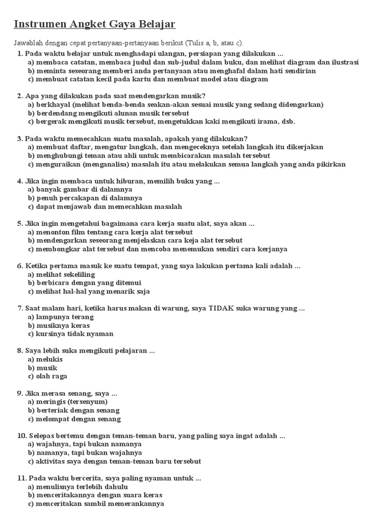 Instrumen Angket Gaya Belajar | PDF | Karier & Perkembangan | Seni ...