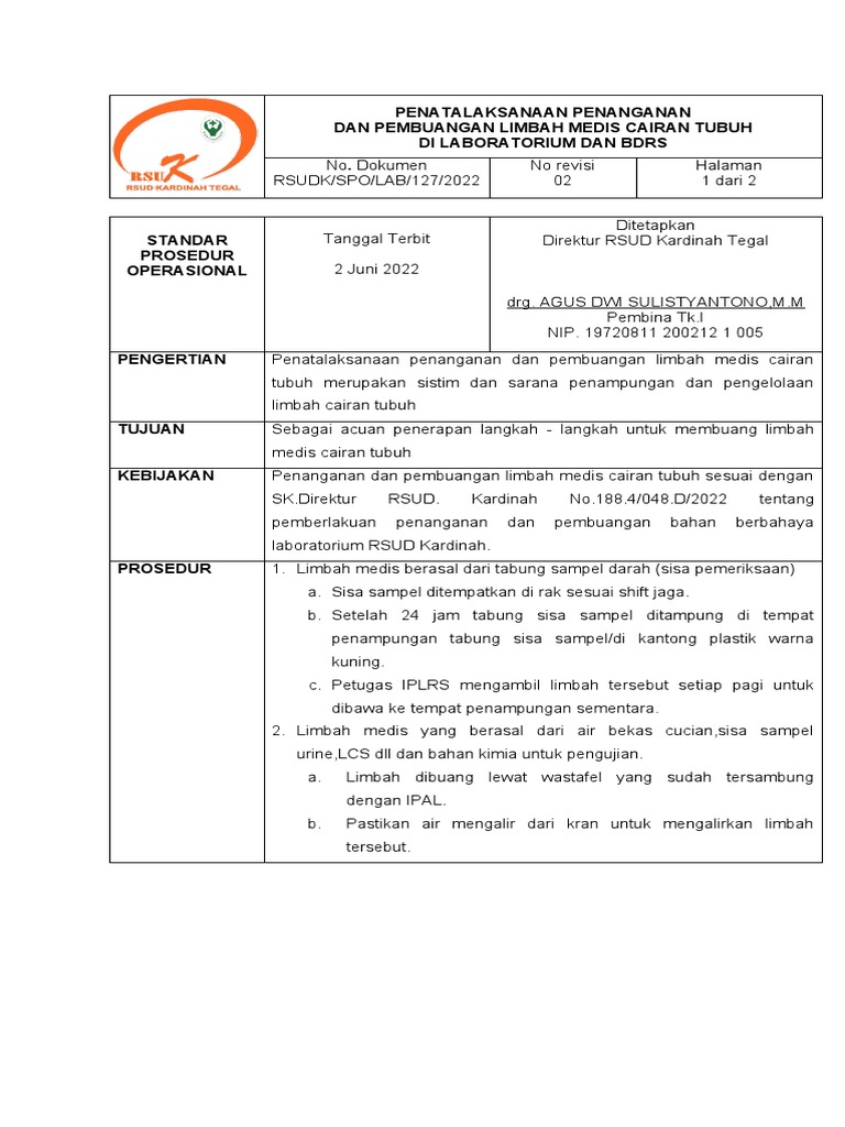Protap Penatalaksanaan Penanganan Dan Pembuangan Limbah Cairan Tubuh Di ...