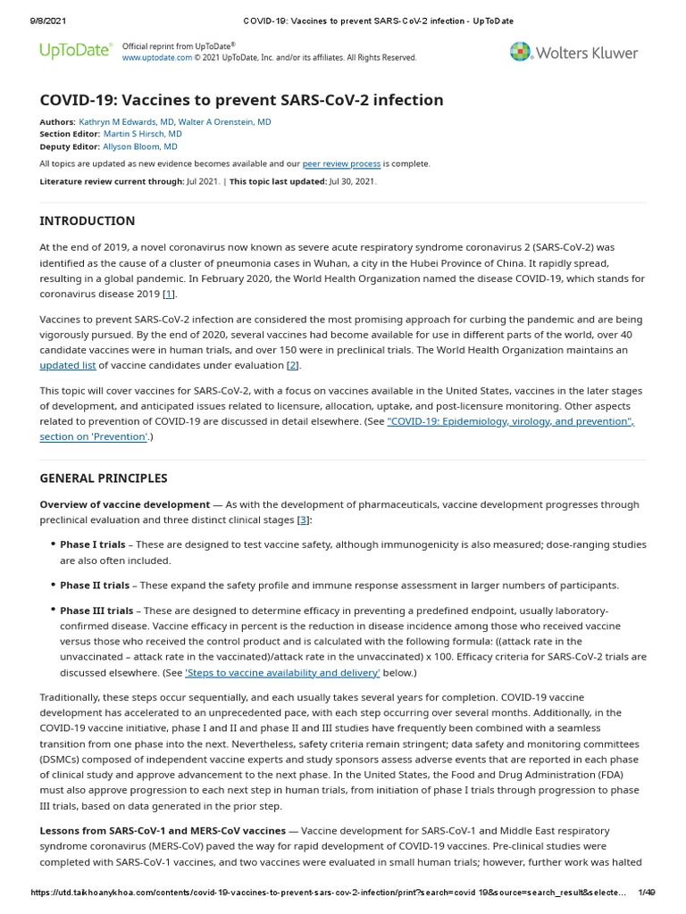 COVID-19 - Vaccines To Prevent SARS-CoV-2 Infection - UpToDate | PDF ...