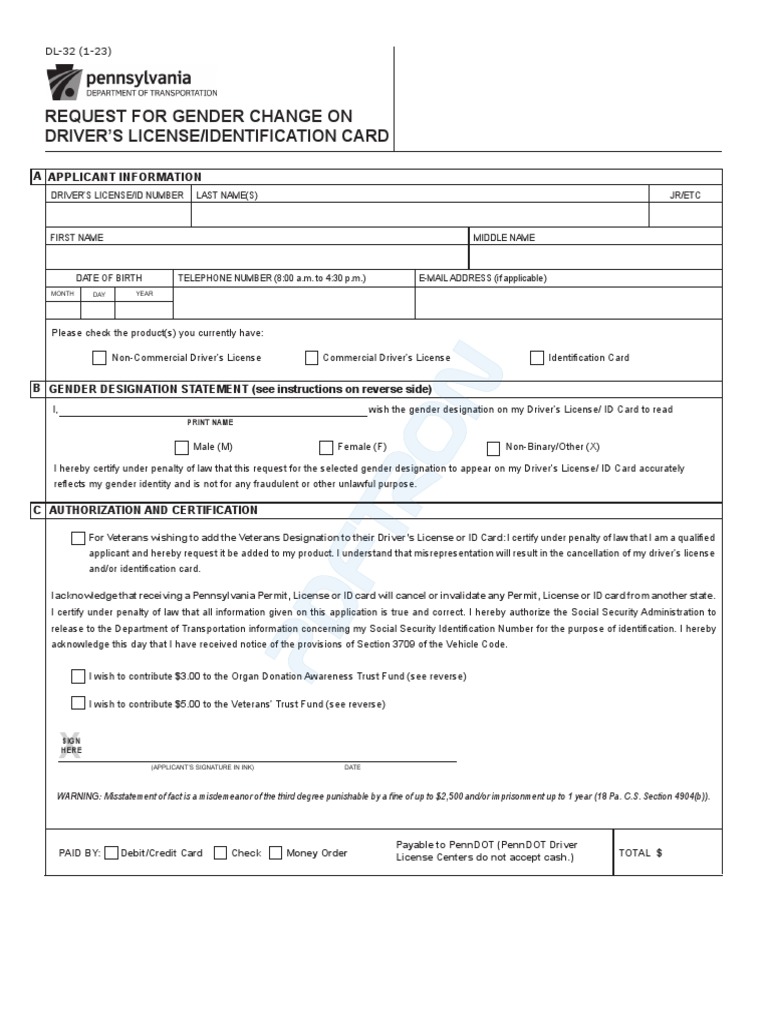 Request For Gender Change On Driver'S License/Identification Card | PDF ...