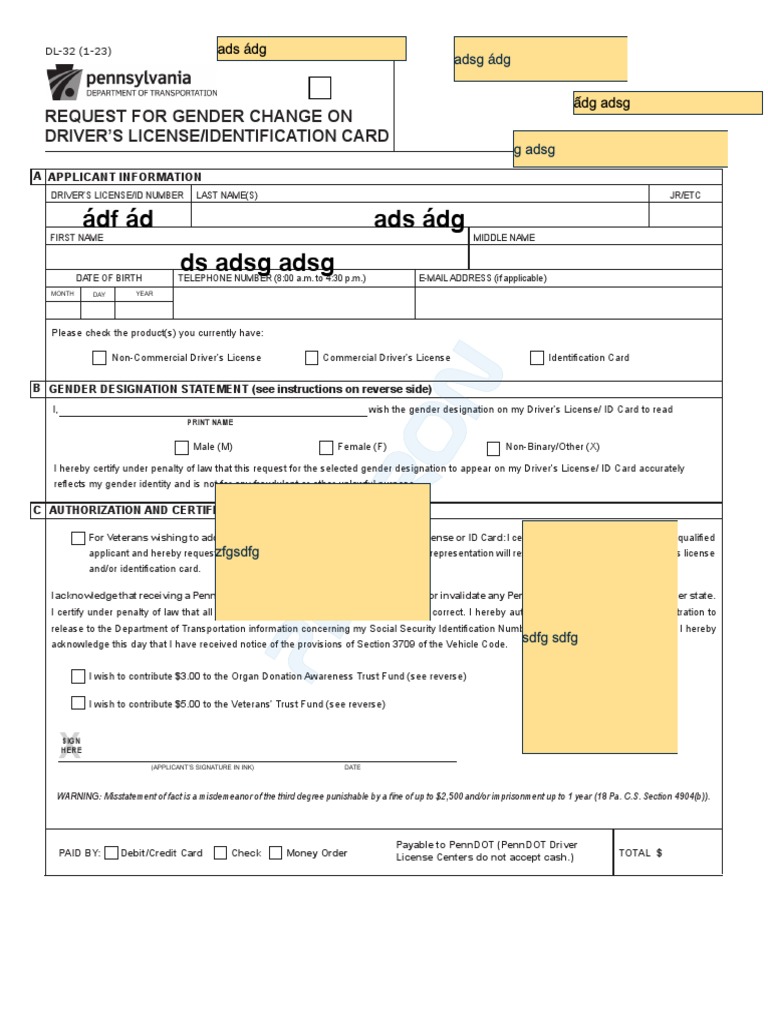 Pennsylvania Driver License Gender Change Form | PDF | Driver's License ...