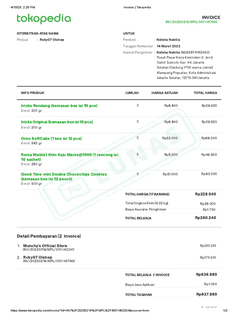 Invoice Pembelian Tokopedia 2023 | PDF