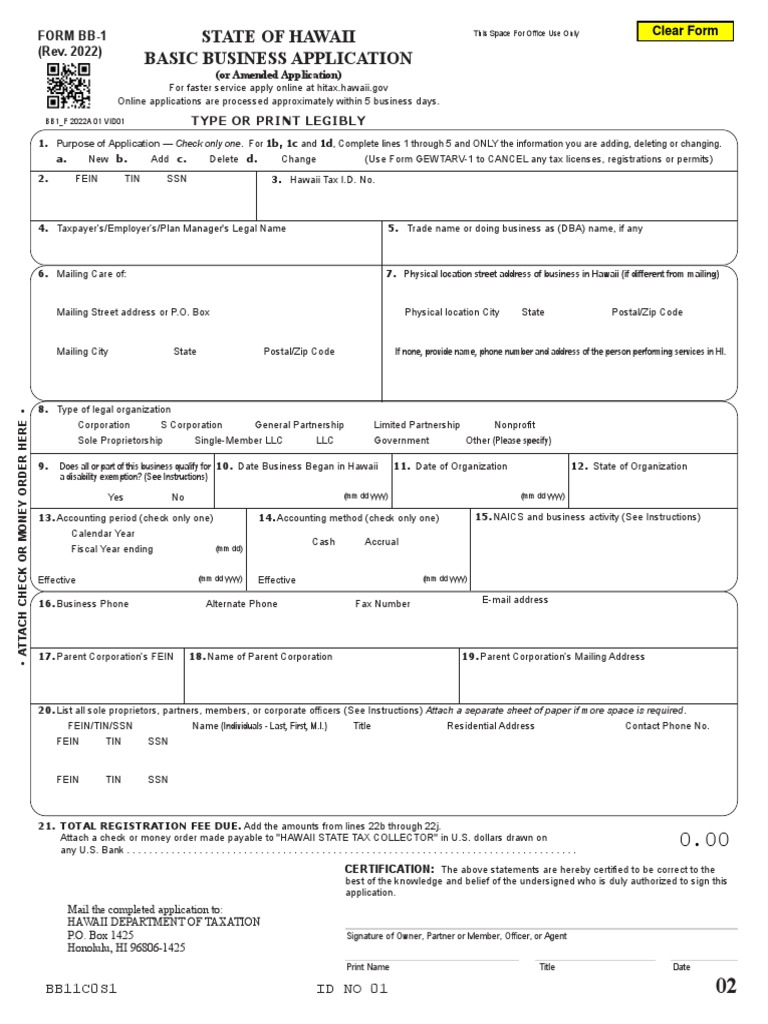 State of Hawaii Basic Business Application: Form Bb-1 (Rev. 2022) | PDF ...