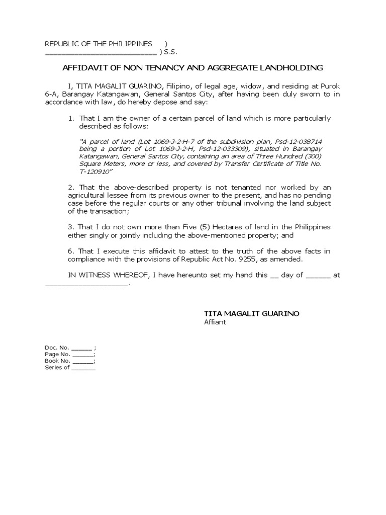 Affidavit of Non Tenancy Aggregate Landholding | PDF