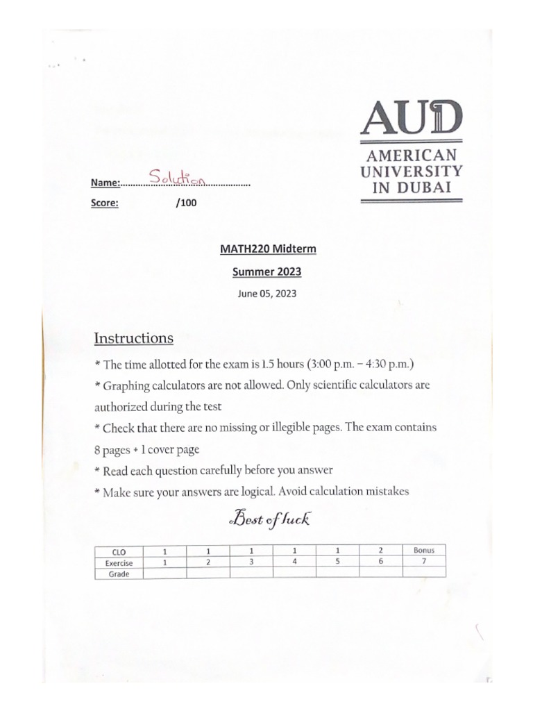 Math 220 Midterm Solution | PDF