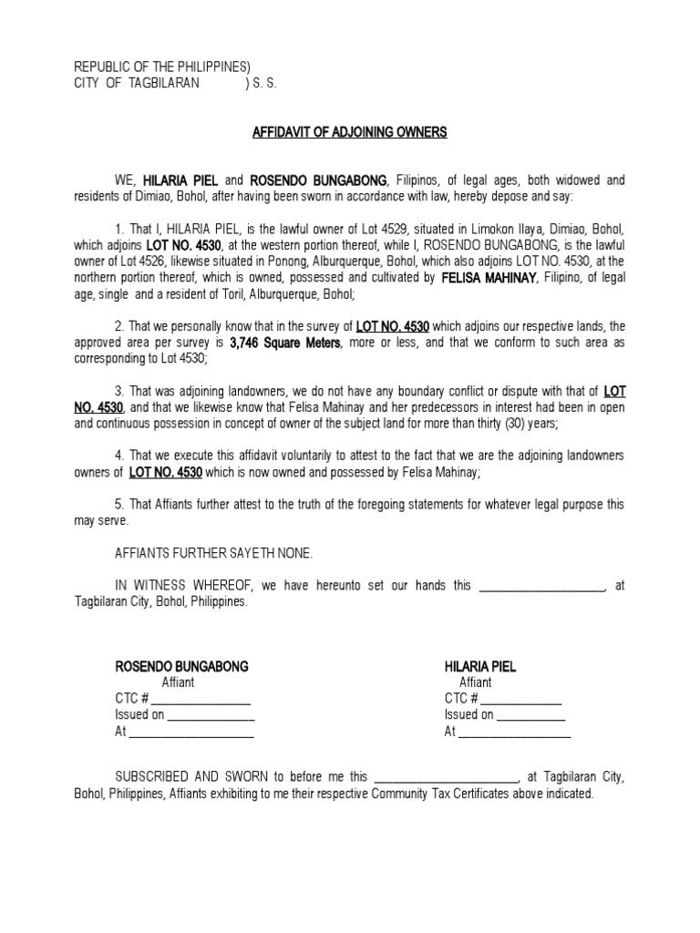 Adjoining Owners - Apolonio Dalnay | PDF | Affidavit | Legal Documents