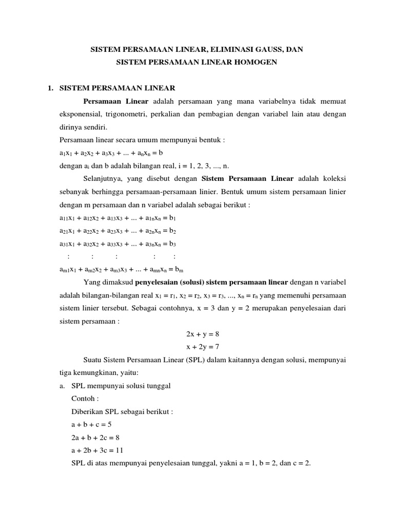 Sistem Persamaan Linear, Eliminasi Gauss, Dan Sistem Persamaan Linear ...