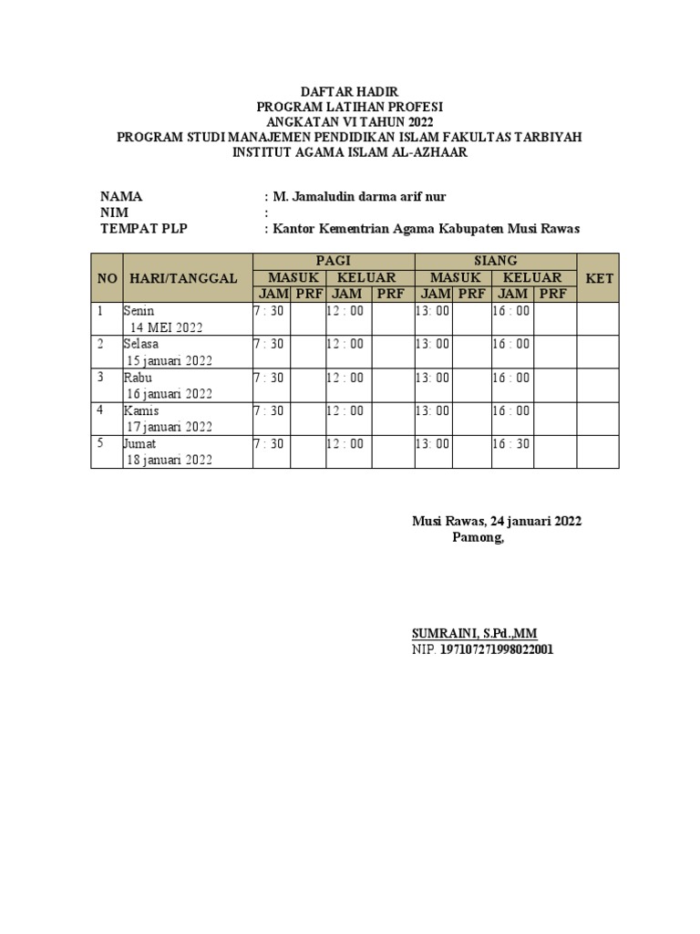 Absen Magang Kemenag | PDF