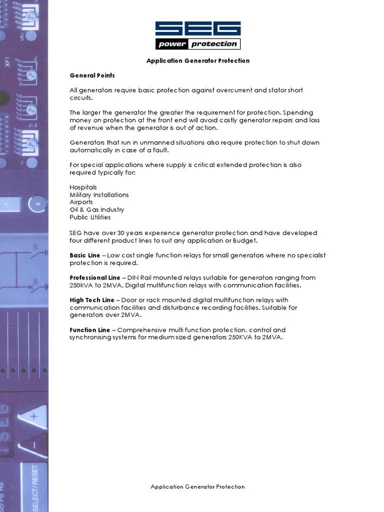 Application - Generator Protection | PDF | Electric Generator | Mains ...