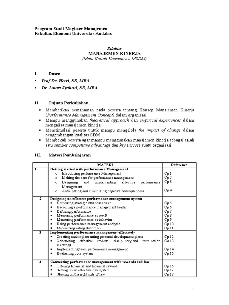 Silabus Manajemen Kinerja MSDM Genap-23 LAURA SYAHRUL | PDF | Organizational Behavior | Business