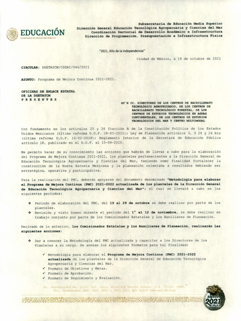 Circular Dgetaycm Csdai 046 2021 PMC 2021 2022 - Acuse Recibido | PDF