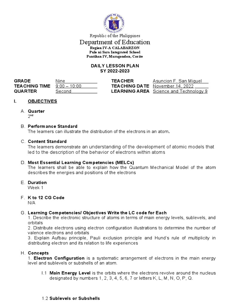 Grade 9 Science Lesson Plan | PDF | Electron Configuration | Atomic Orbital