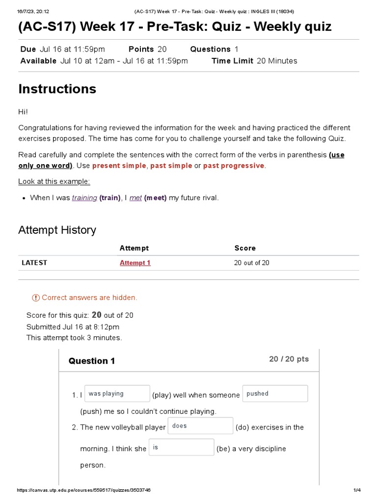 (AC-S17) Week 17 - Pre-Task - Quiz - Weekly Quiz - INGLES III (18034) | PDF
