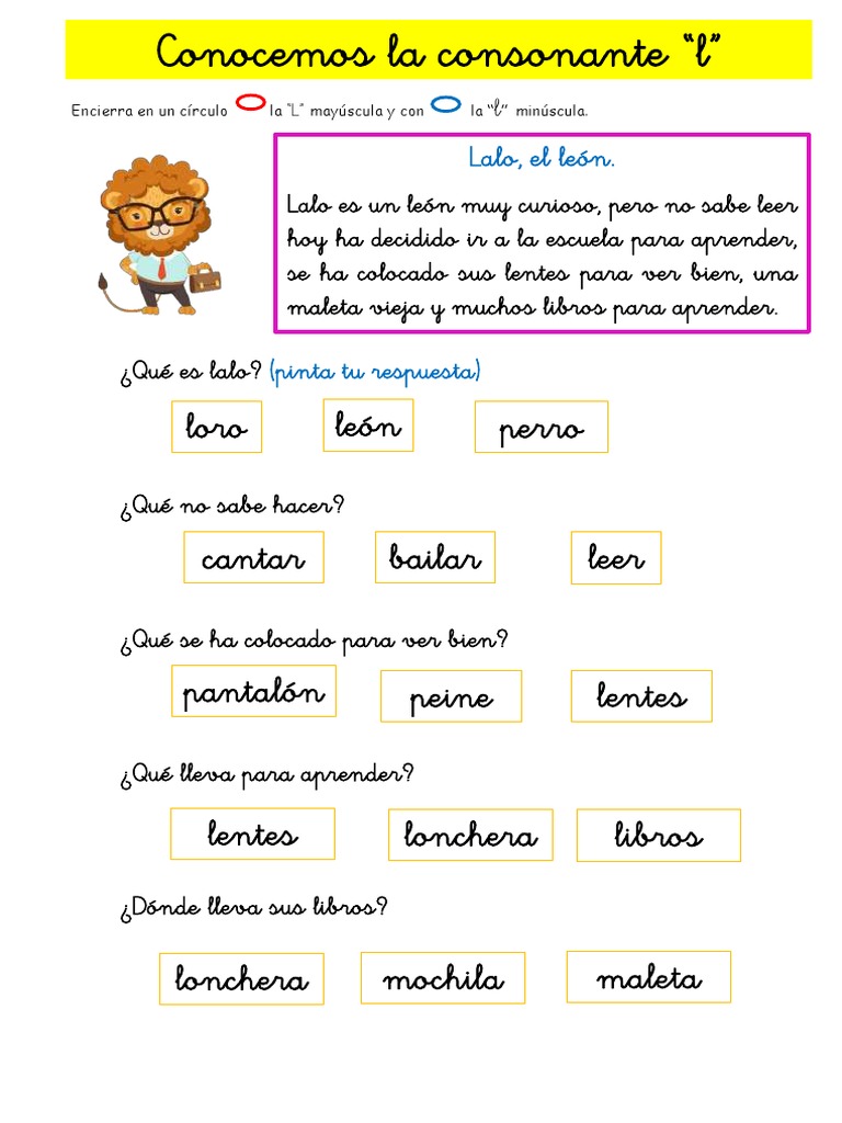 Ficha Lectura Consonante L | PDF | Artes del Lenguaje y Comunicación