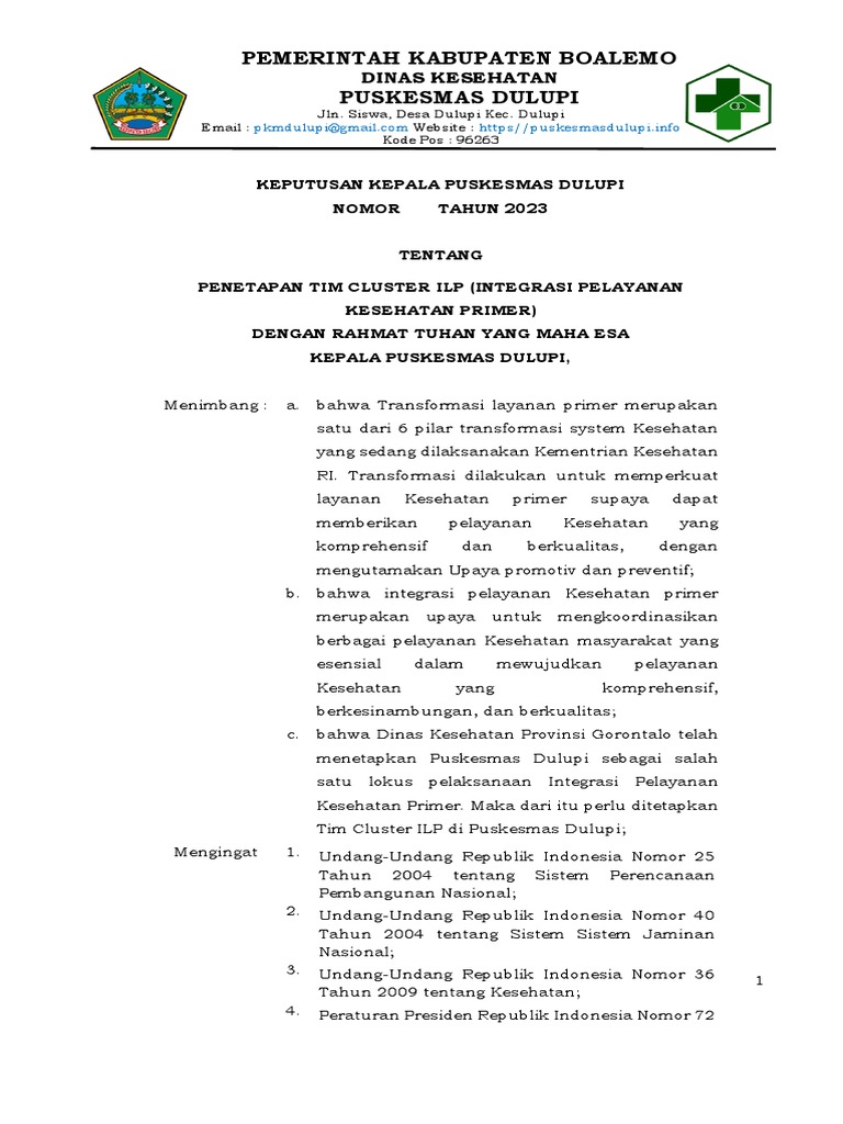 SK Integrasi Pelayanan Primer (Ilp) Puskesmas Dulupi | PDF